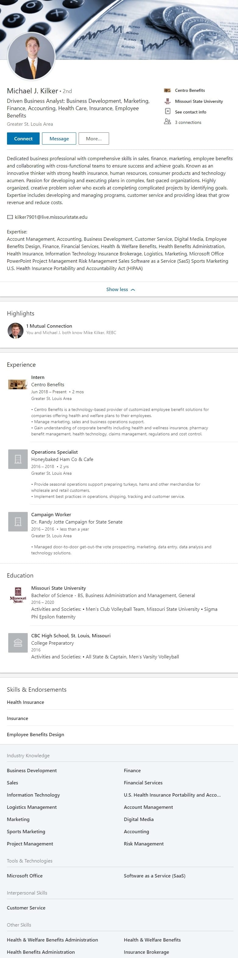 College Student Entry Level Resume LinkedIn Profile Examples