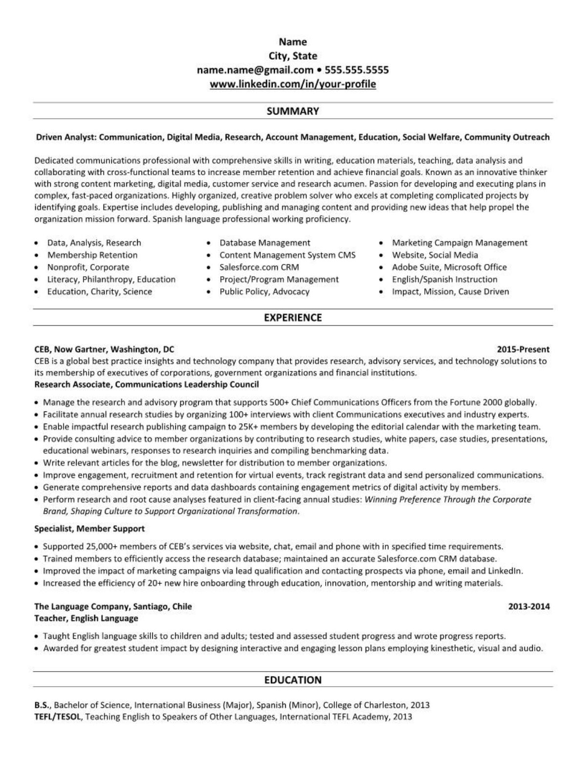 LinkedIn Profile Resume Example Entry Level Early Career
