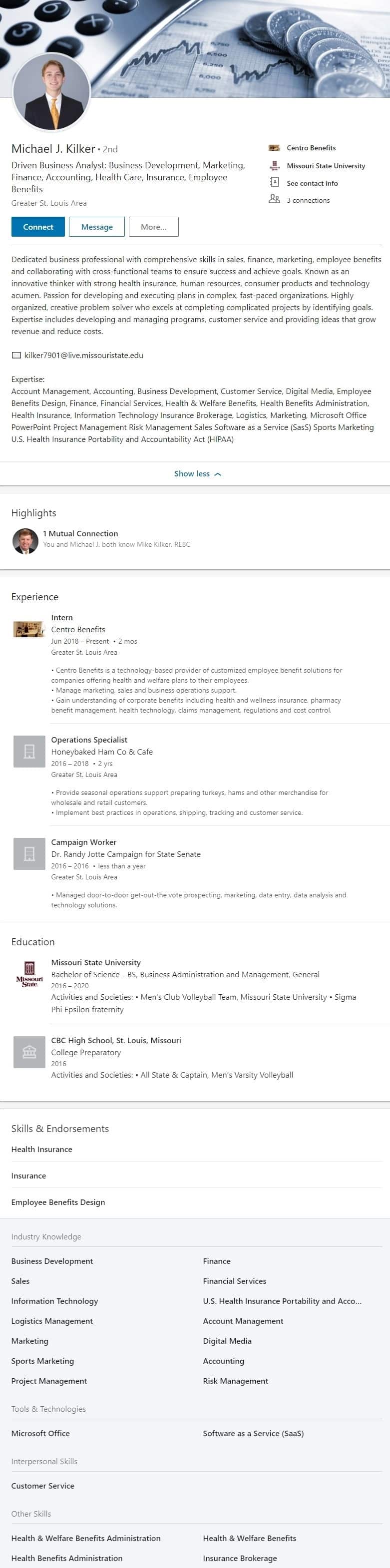LinkedIn Profile Resume Example College University Student 2019