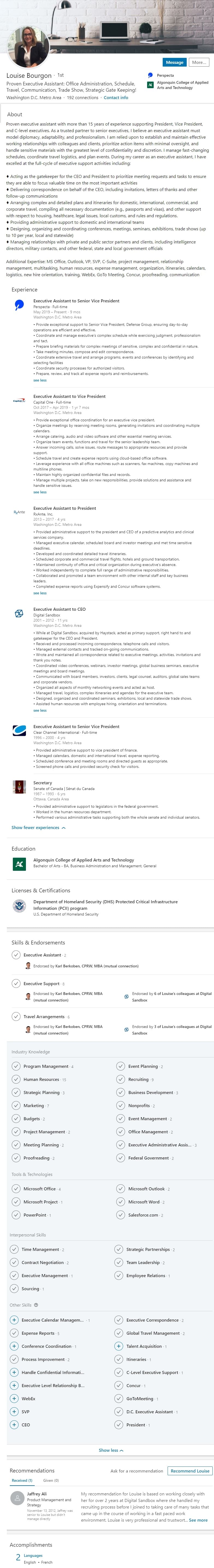 LinkedIn Profile Resume Example Administrative Executive Assistant