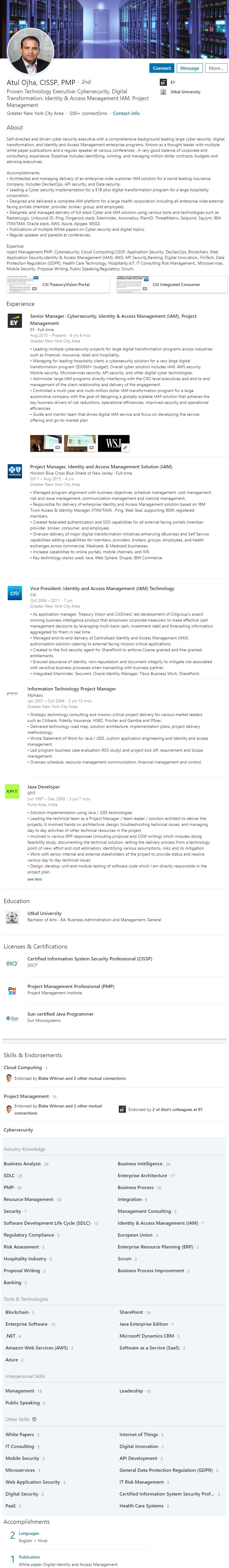 Project Management Professional PMP Sample LinkedIn Profile Resume