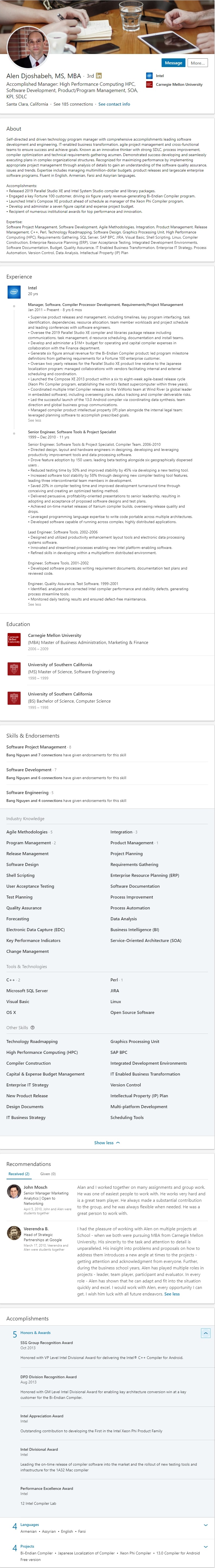 LinkedIn Profile Resume Example: Software, CPU Development Technology