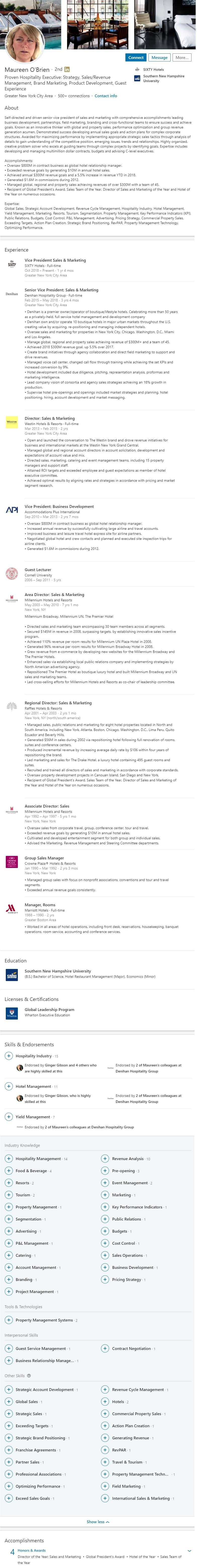 LinkedIn Profile Resume Example Hospitality Hotel Tourism